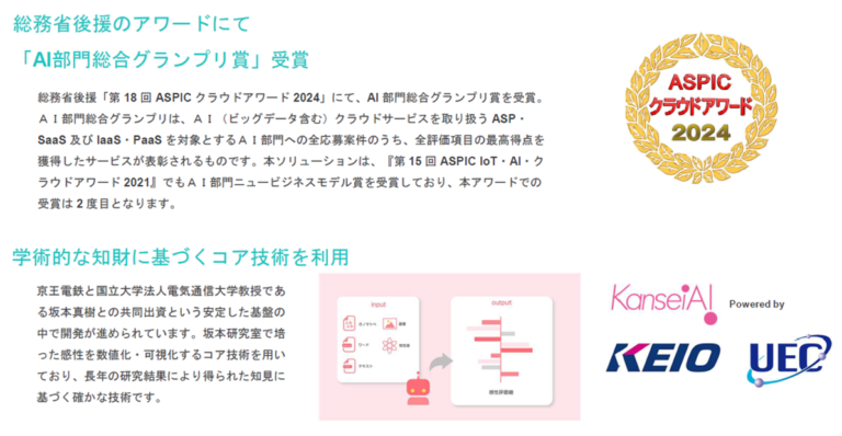 「感性AIアナリティクス」が総務省後援『第18回ASPICクラウドアワード2024』にてAI部門 総合グランプリを受賞しました！ – 日本マーケティング・リテラシー協会（ JMLA